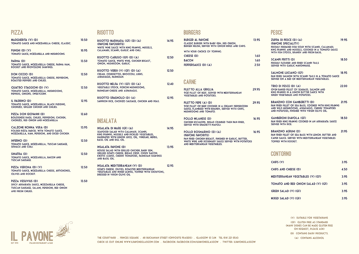 A la Carte Menu | Il Pavone Restaurant