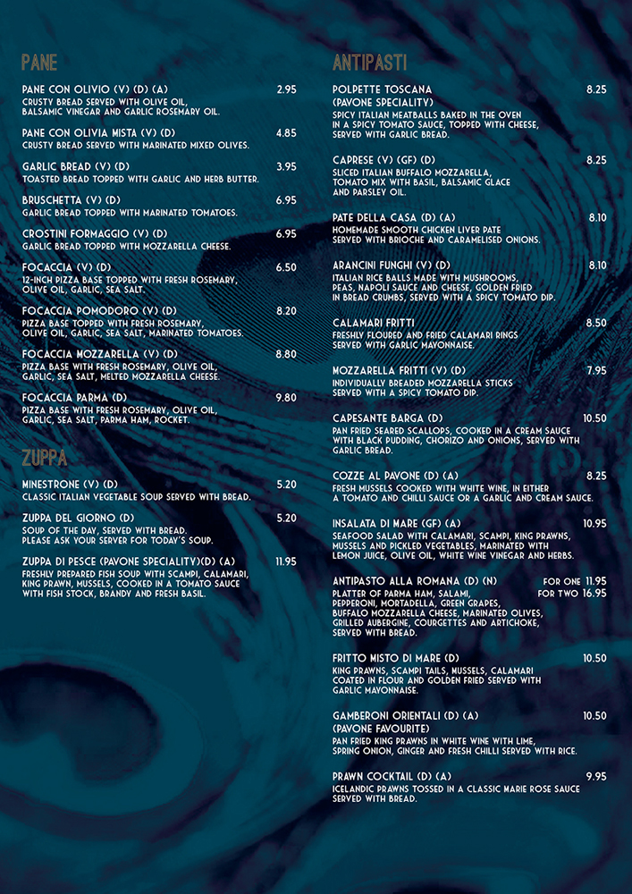 A la Carte Menu | Il Pavone Restaurant