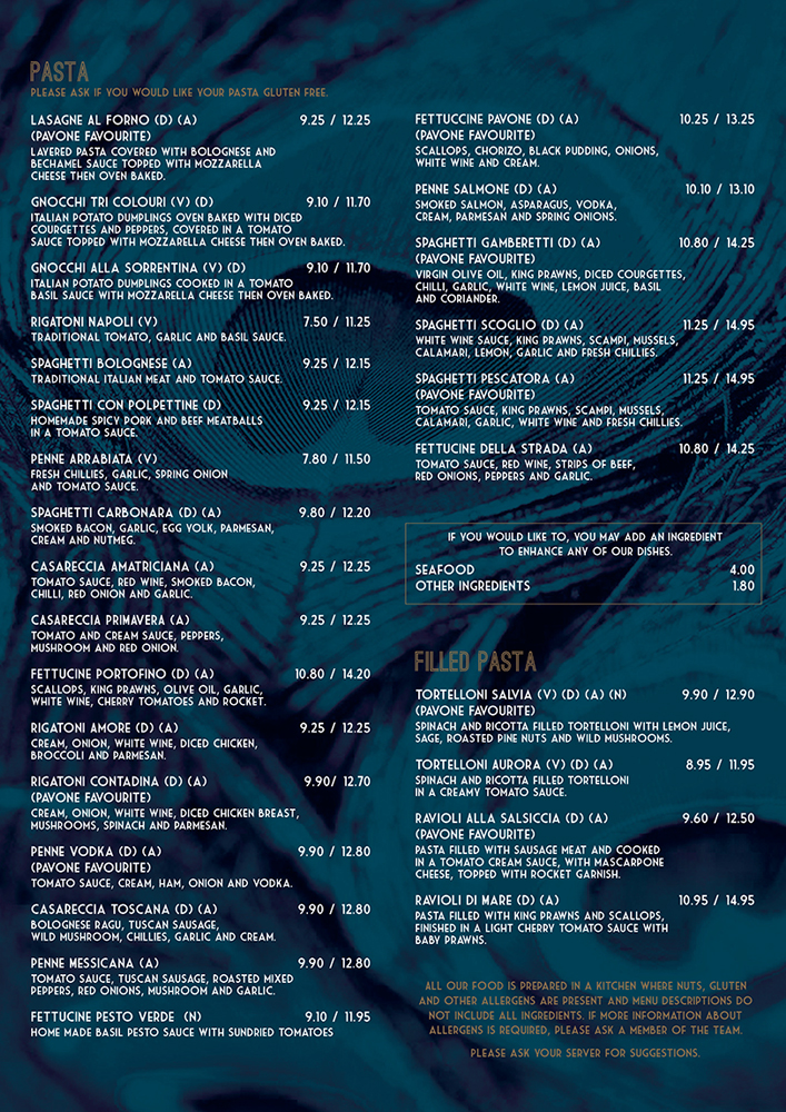 A la Carte Menu | Il Pavone Restaurant