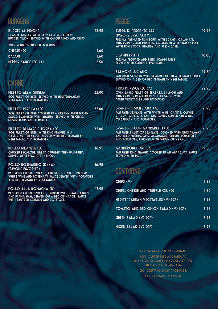 A la Carte Menu | Il Pavone Restaurant