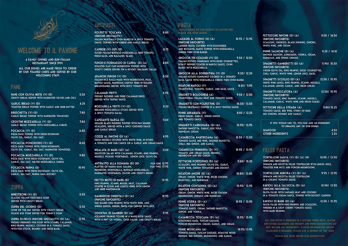 A la Carte Menu | Il Pavone Restaurant
