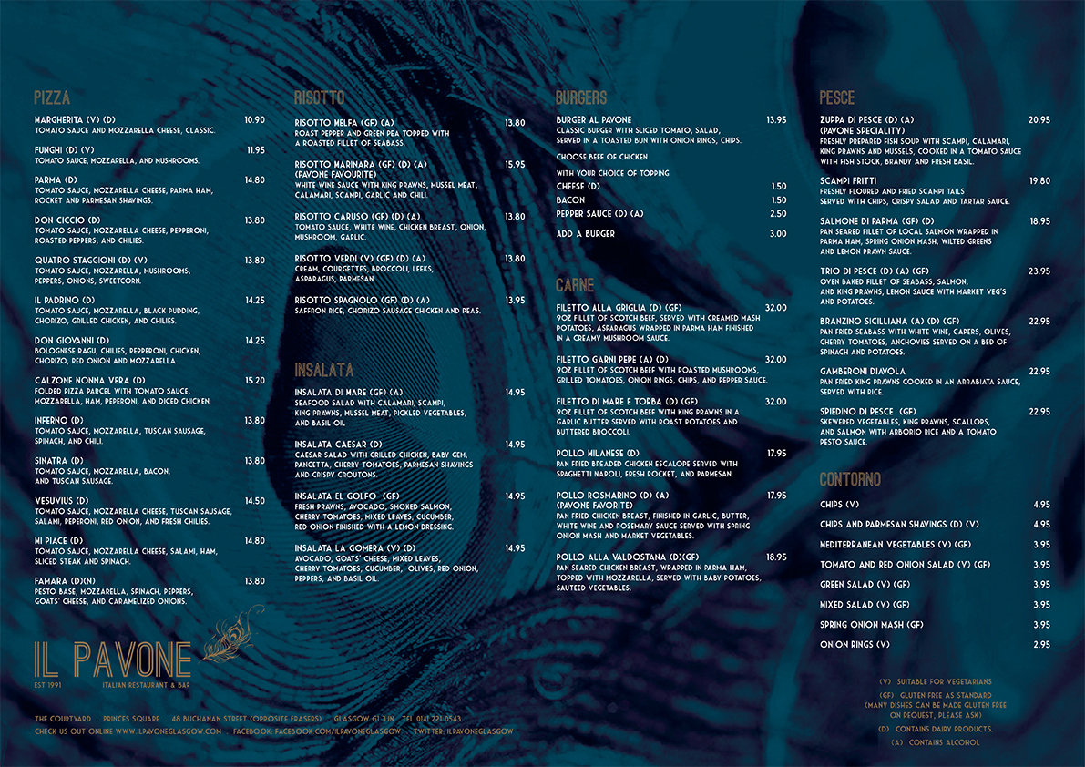 A la Carte Menu | Il Pavone Restaurant