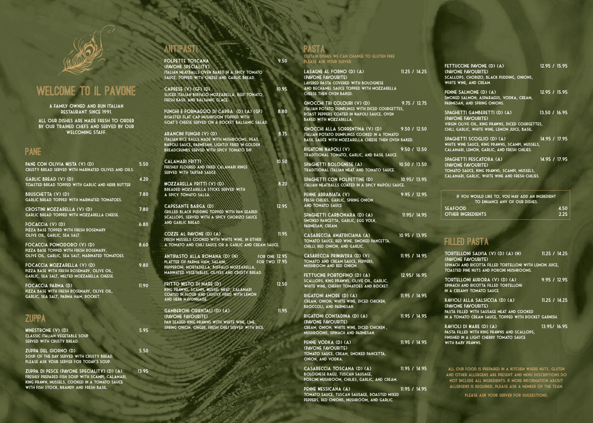 A la Carte Menu | Il Pavone Restaurant