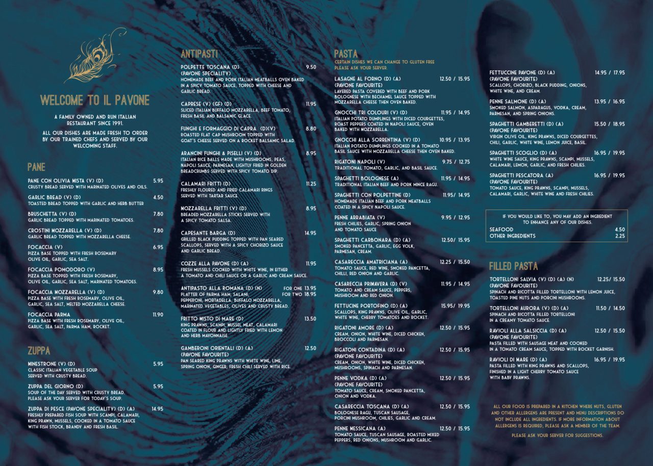 A la Carte Menu | Il Pavone Restaurant