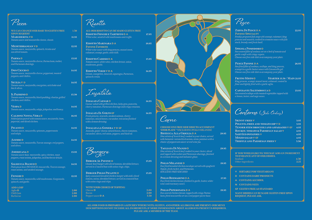 A la Carte Menu | Il Pavone Restaurant