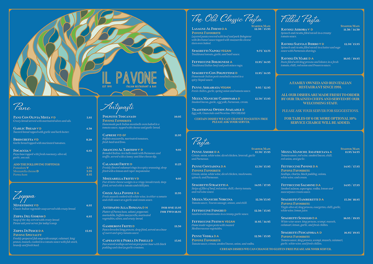A la Carte Menu | Il Pavone Restaurant