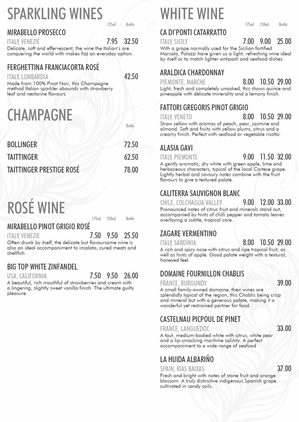Drinks Menu | Il Pavone Restaurant