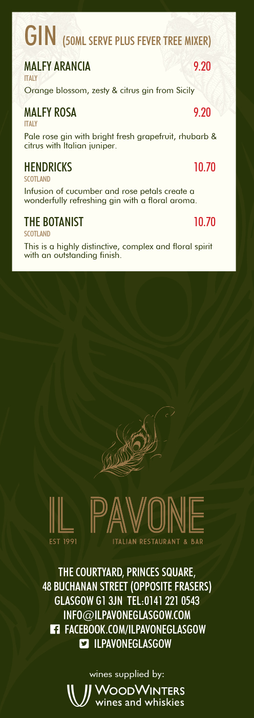 Drinks Menu | Il Pavone Restaurant