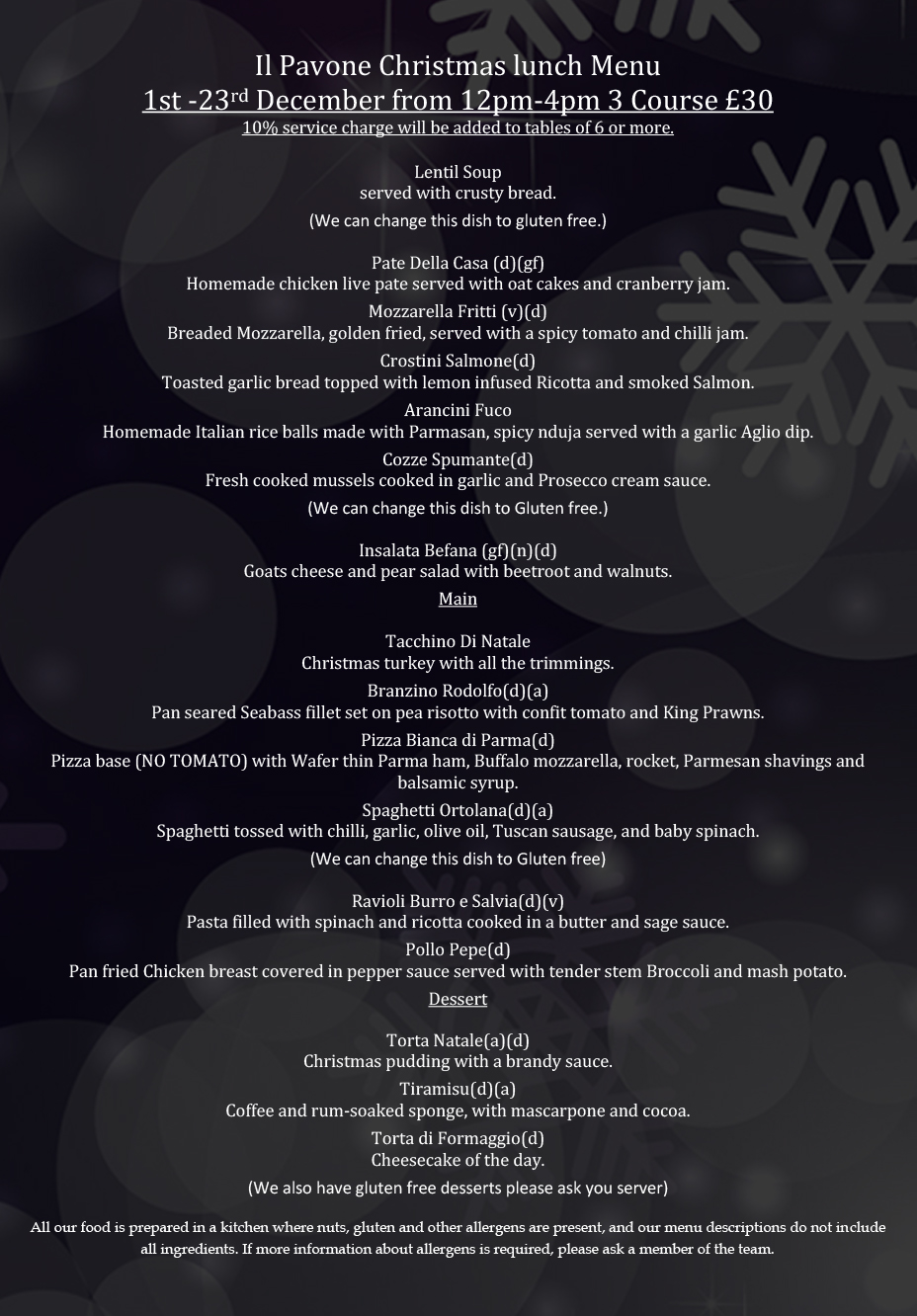 Christmas Lunch Menu | Il Pavone Restaurant